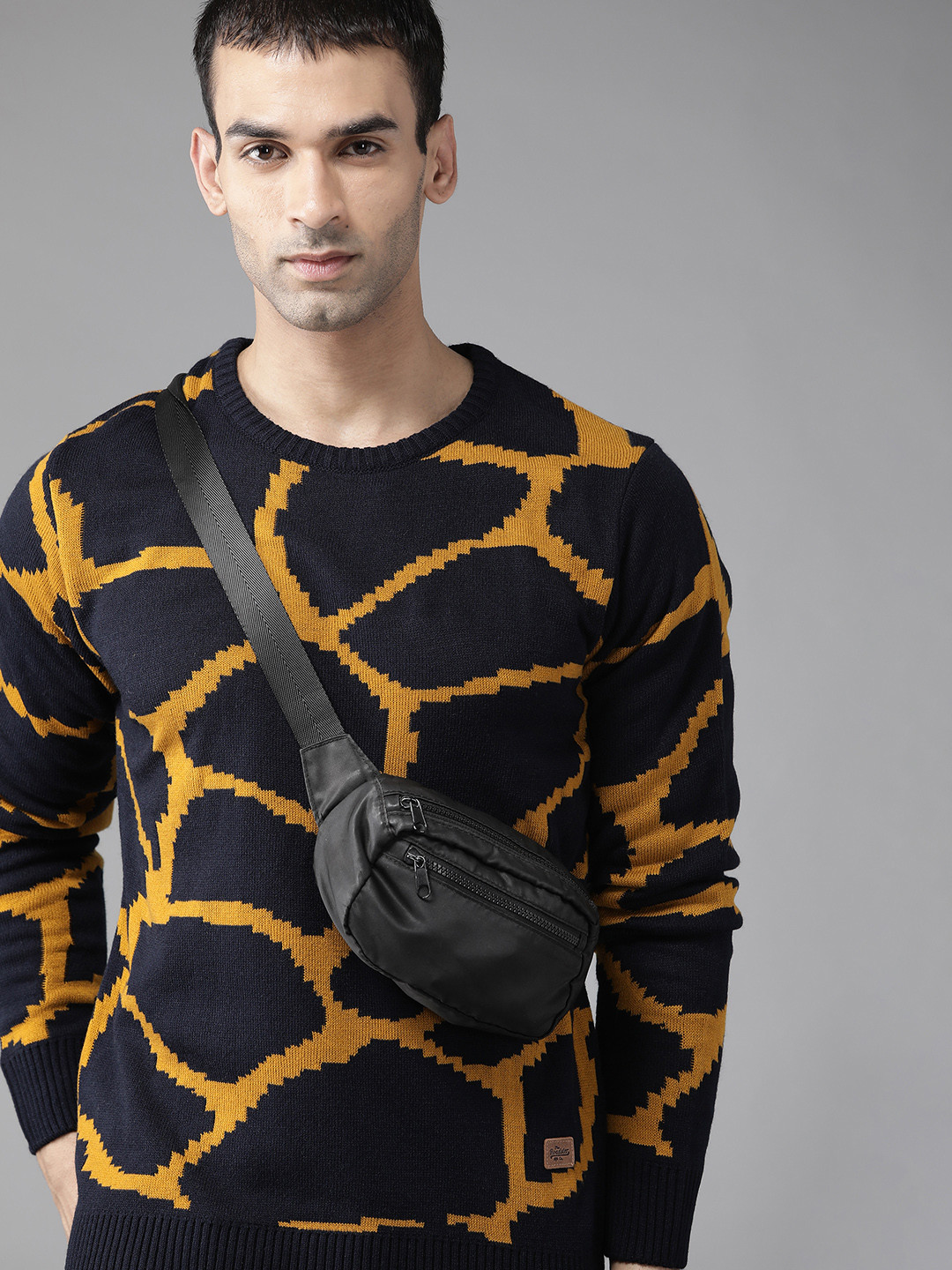 Buy Roadster Men Black & Mustard Abstract Print Pullover - Sweaters for ...