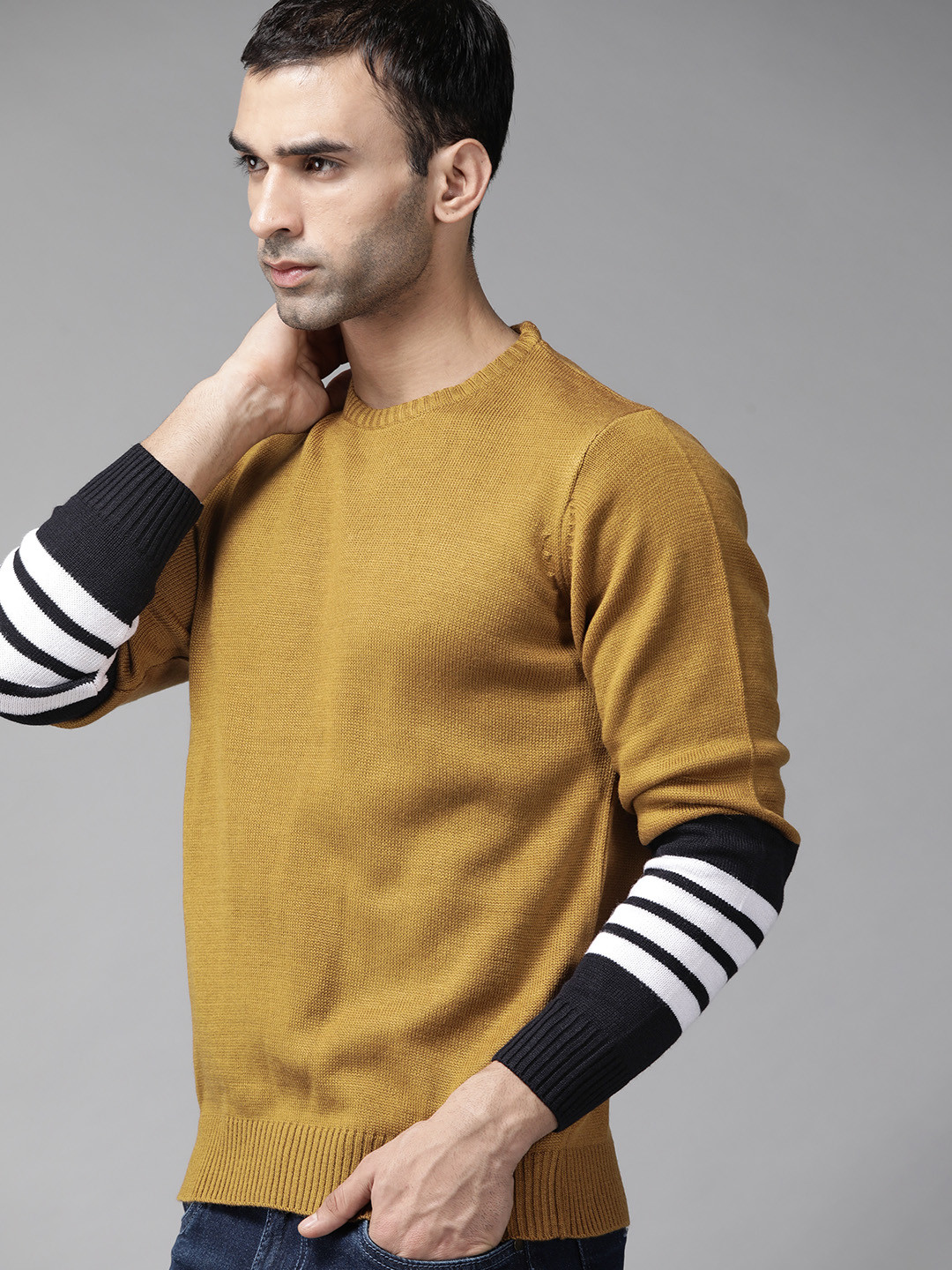 Buy Roadster Men Mustard Yellow & Black Solid Pullover - Sweaters for ...