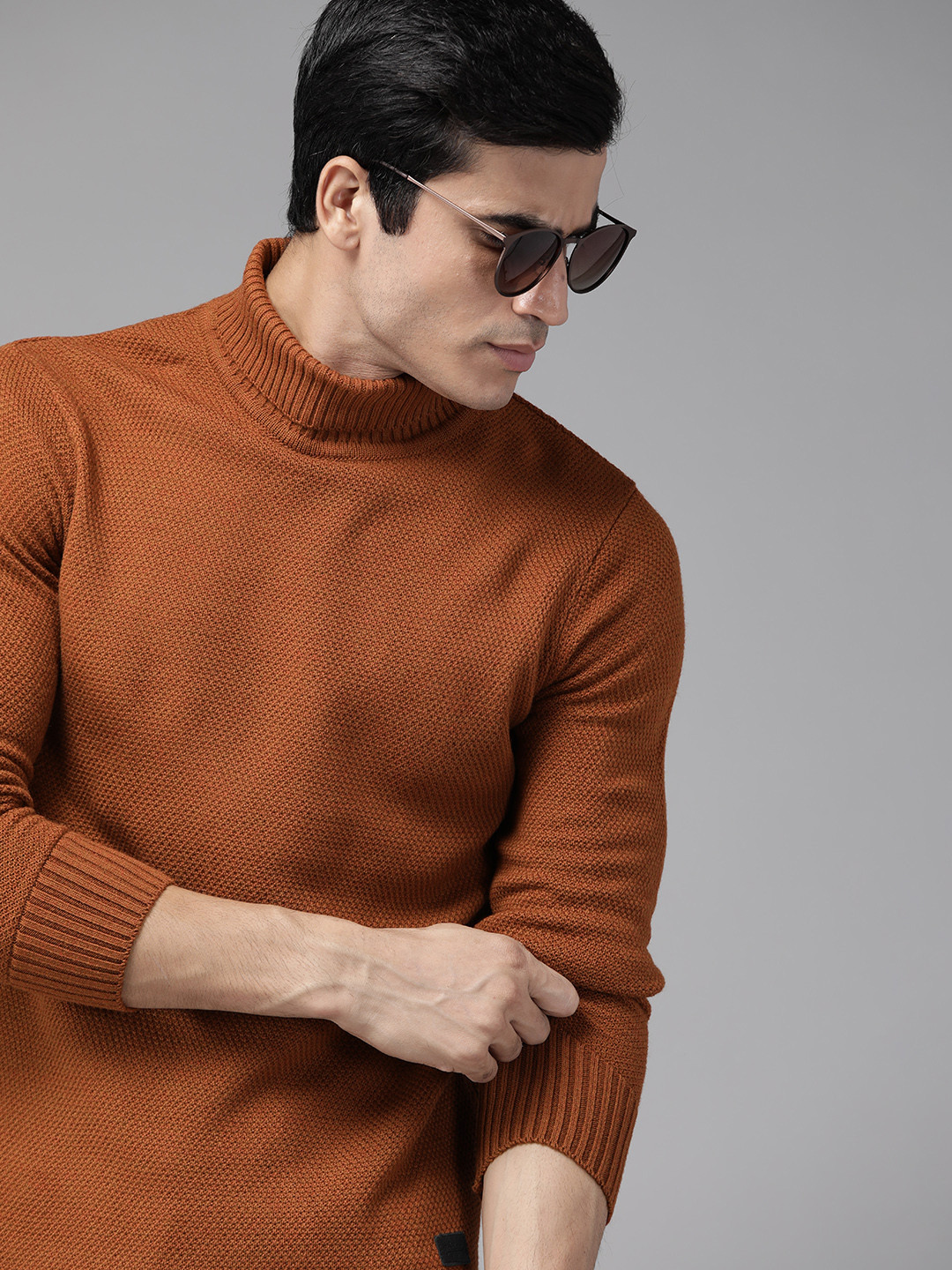 Buy Roadster Men Rust Brown Self Design Pullover - Sweaters for Men ...