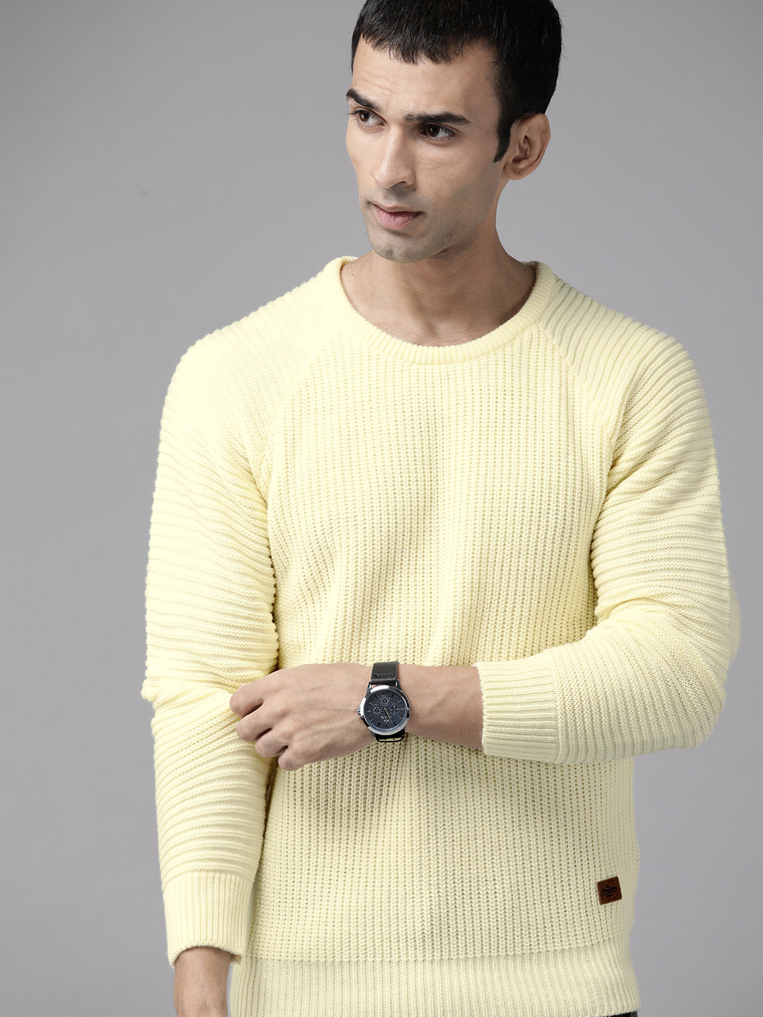 Buy Roadster Men Cream Coloured Solid Pullover - Sweaters for Men ...