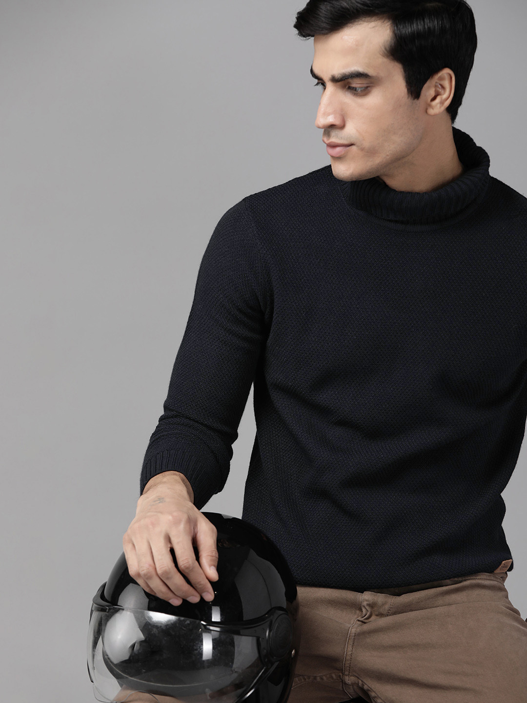 Buy Roadster Men Navy Blue Self Design Pullover - Sweaters for Men ...