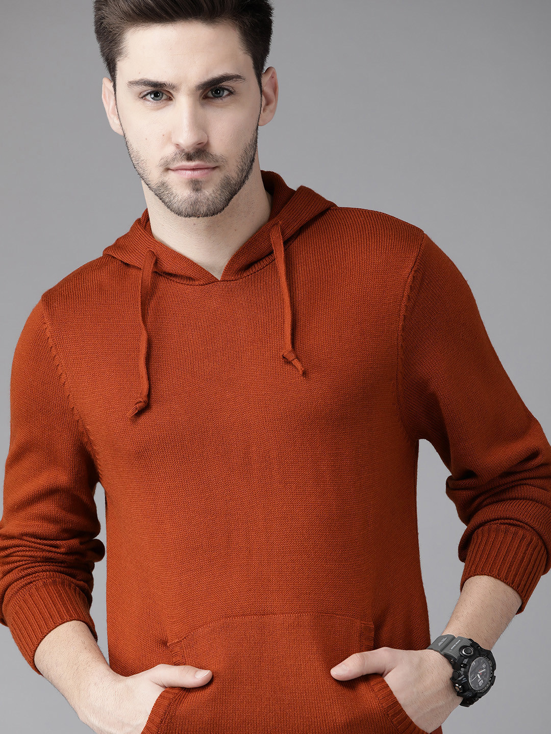 Buy Roadster Men Rust Orange Solid Pullover Sweater - Sweaters for Men ...
