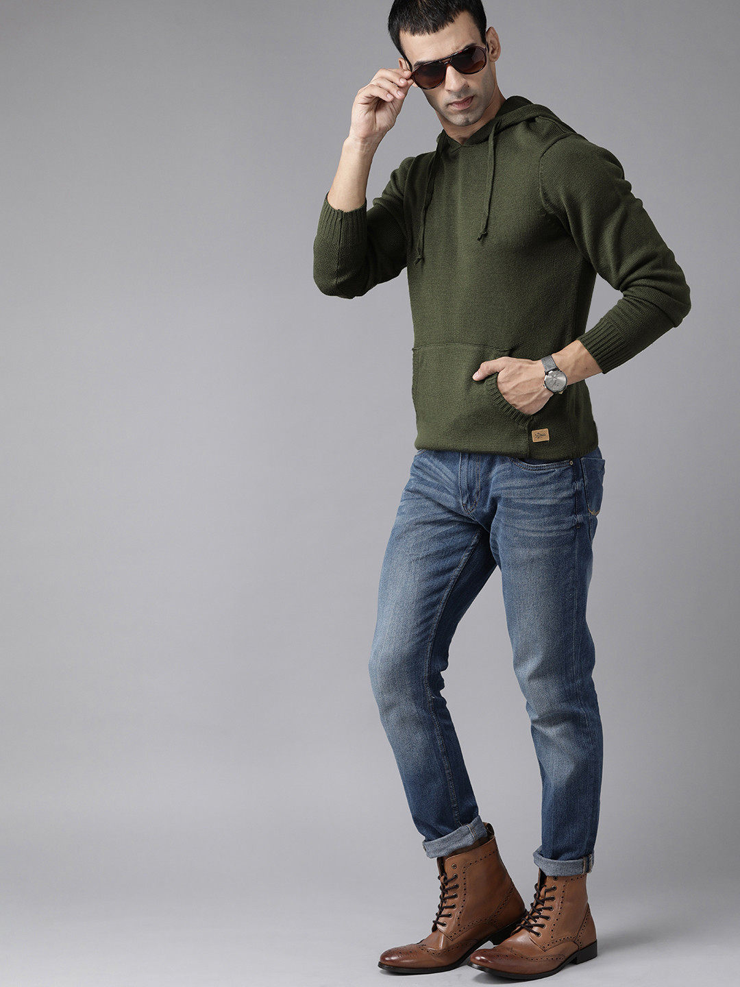 Buy Roadster Men Olive Green Solid Pullover Sweater - Sweaters for Men ...