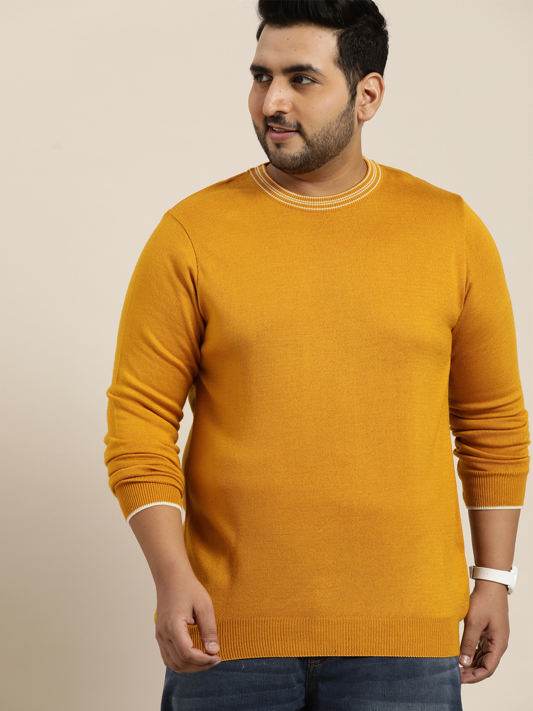Buy Sztori Men Plus Size Mustard Yellow Solid Pullover - Sweaters for ...
