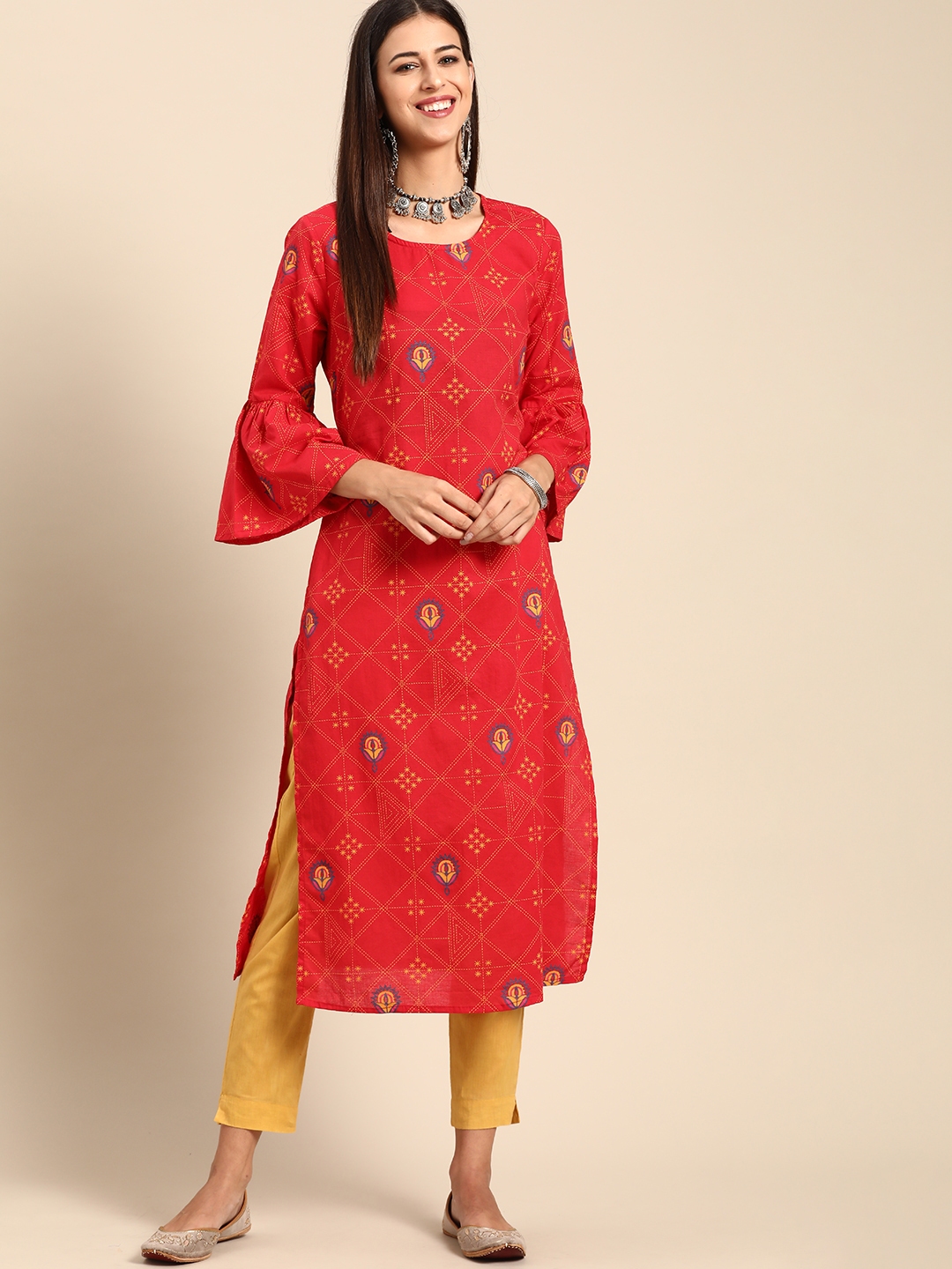 Buy Anouk Women Red And Blue Ethnic Motifs Printed Pure Cotton Bell
