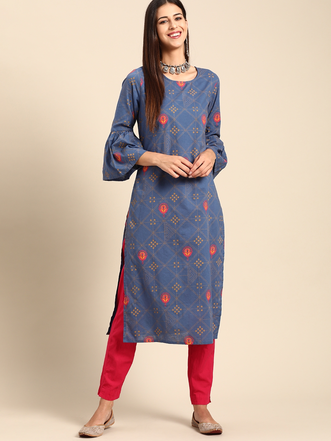 Buy Anouk Women Blue And Pink Ethnic Motifs Printed Pure Cotton Bell