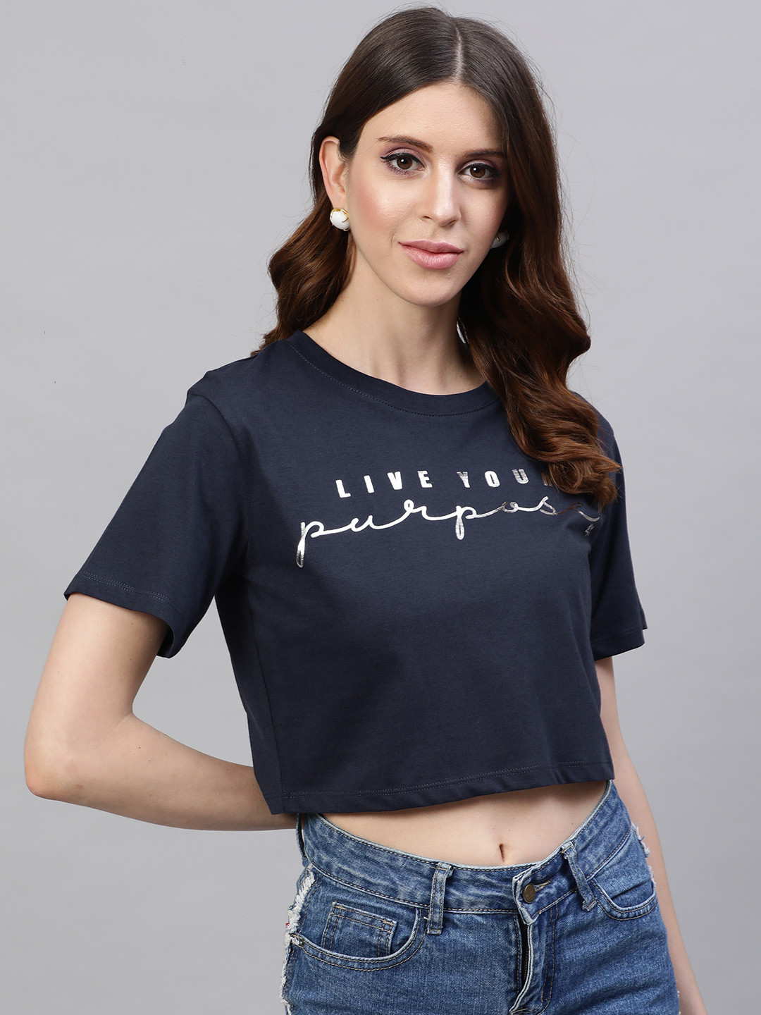 Buy STREET 9 Women Navy Blue Printed Round Neck Pure Cotton Crop Pure ...
