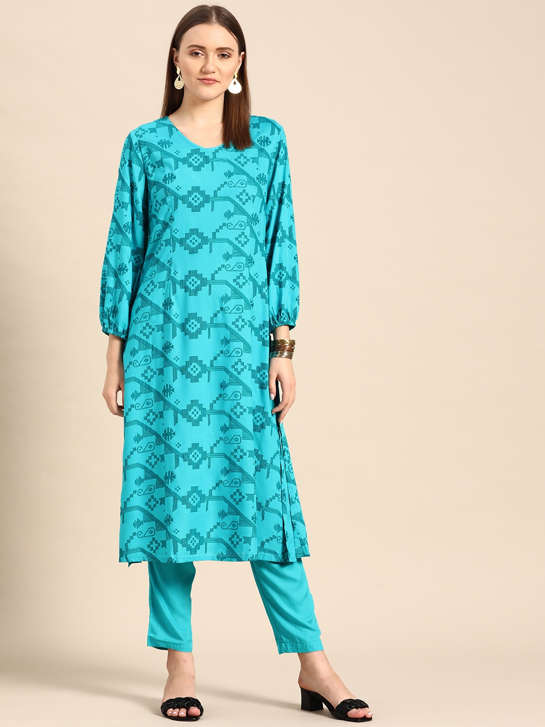 Buy Anouk Women Blue Ethnic Motifs Printed Regular Straight Kurta With