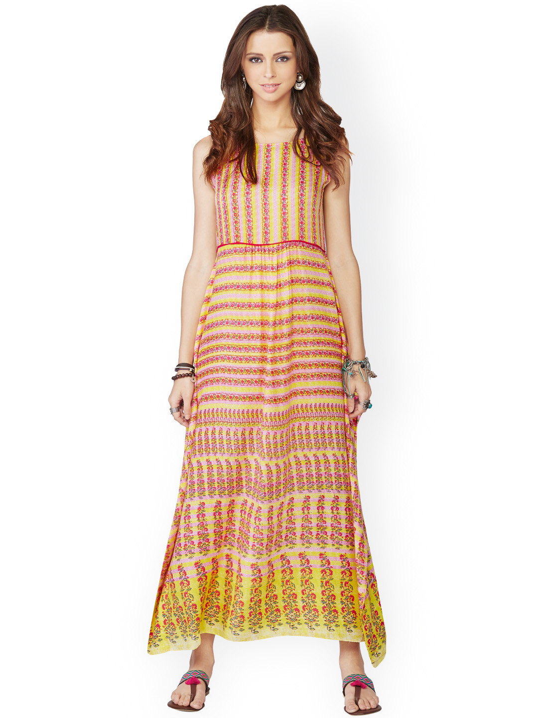 Buy Global Desi Yellow & Pink Floral Print Maxi Dress - Dresses for ...