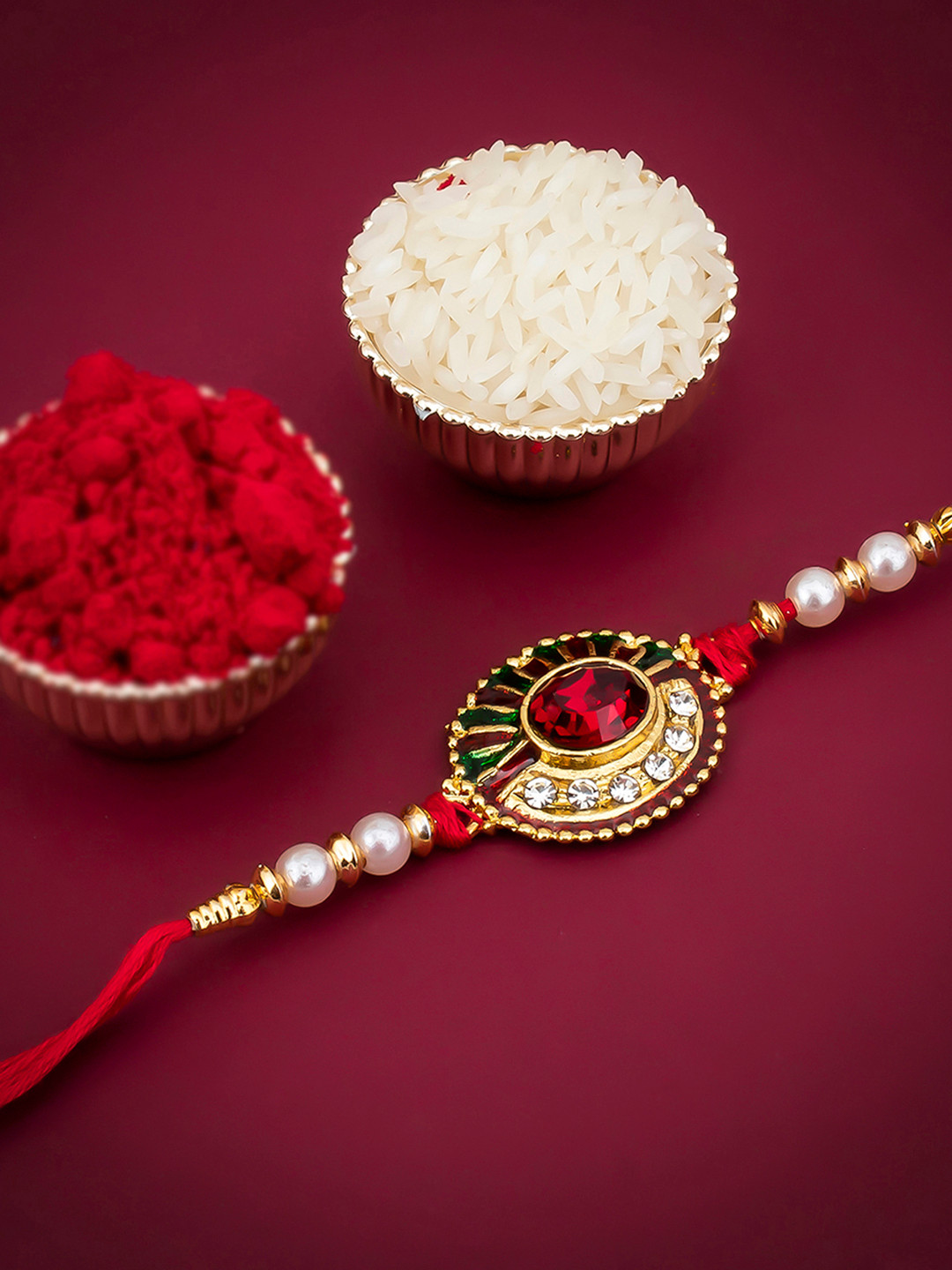 Buy Sukkhi Rakhi Men Gold Plated Red Meenakari Rakhi With Roli Chawal ...