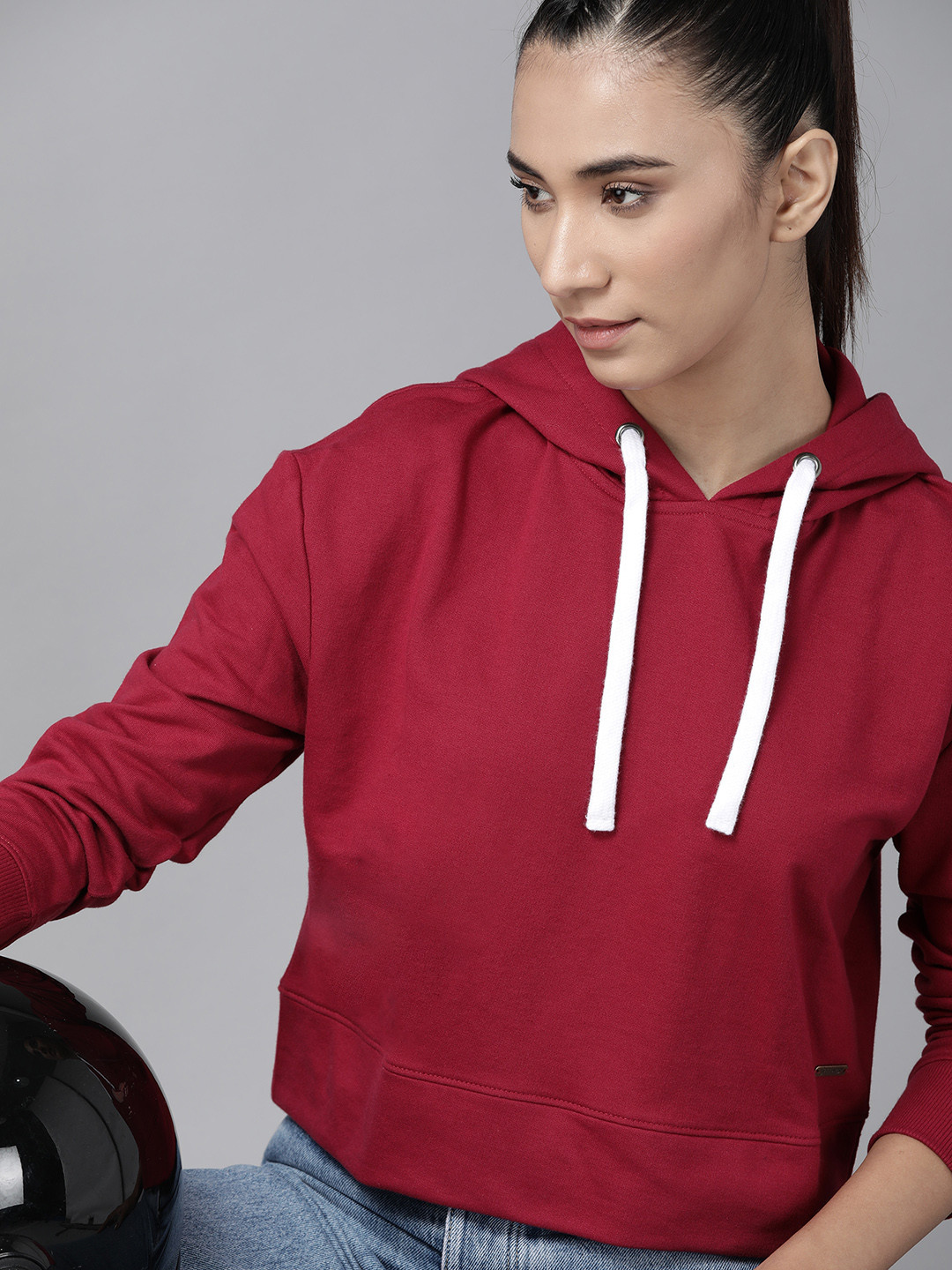 Buy Roadster Women Maroon Solid Hooded Sweatshirt - Sweatshirts for ...