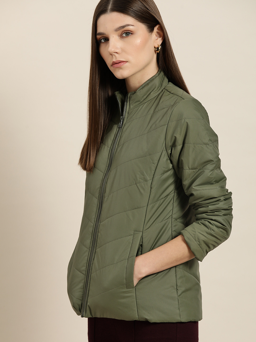Buy Her By Invictus Women Olive Green Padded Jacket - Jackets for Women ...