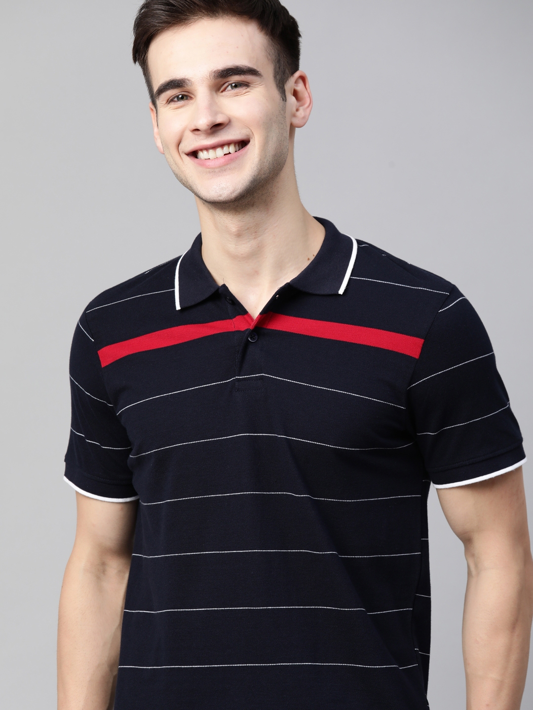 Buy Mast And Harbour Men Navy Blue And White Striped Polo Collar T Shirt