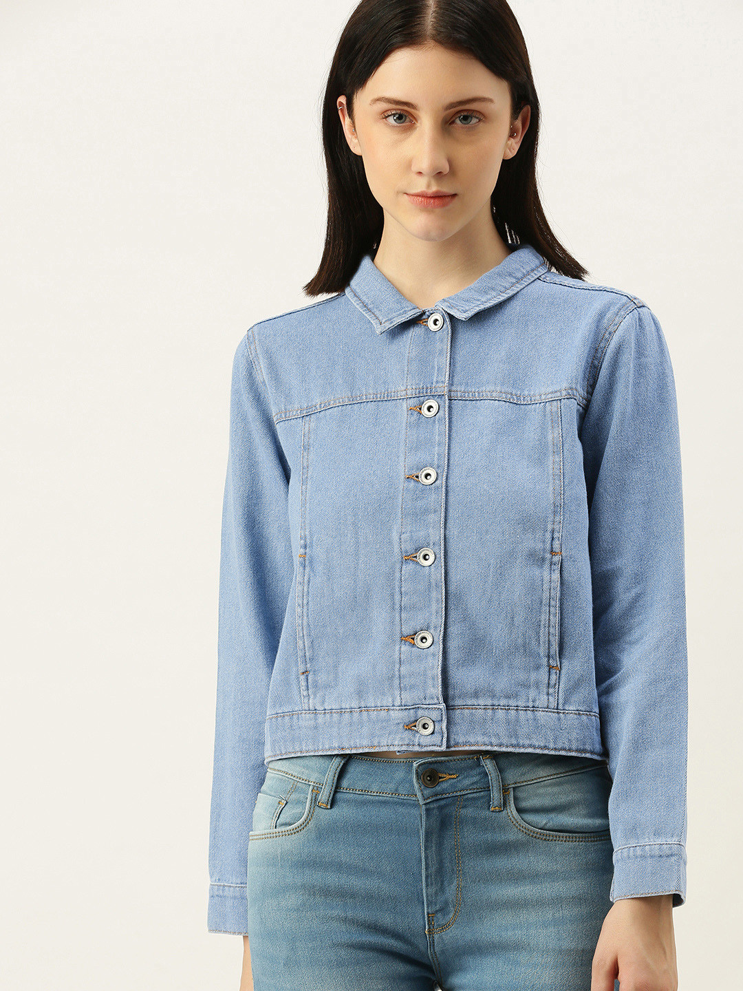 Buy Flying Machine Women Blue Washed Crop Pure Cotton Denim Trucker ...