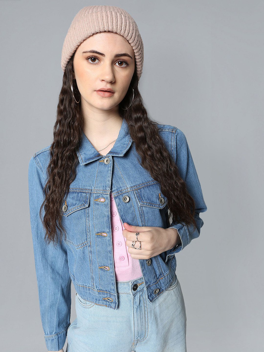 Buy Flying Machine Women Blue Washed Crop Pure Cotton Denim Trucker ...