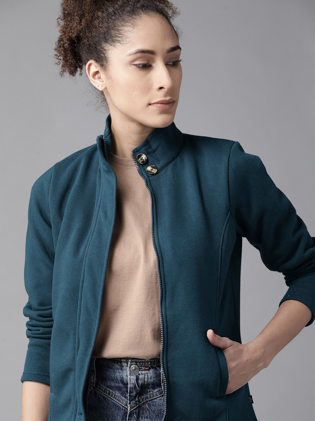 Buy Roadster Women Teal Green Solid Tailored Jacket - Jackets for Women ...