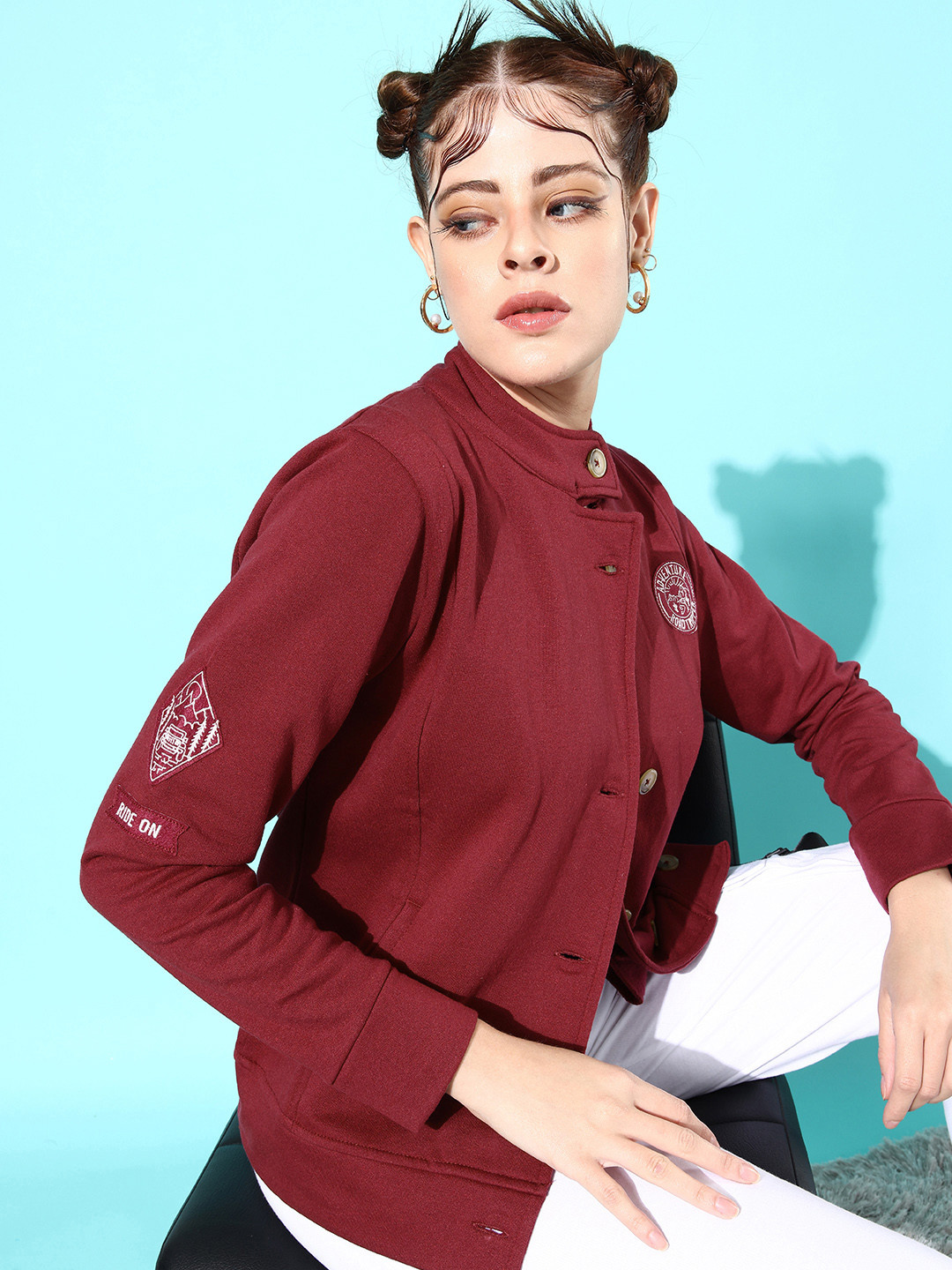 Buy Roadster Women Maroon Solid Whipped For Varsity Jacket - Jackets ...
