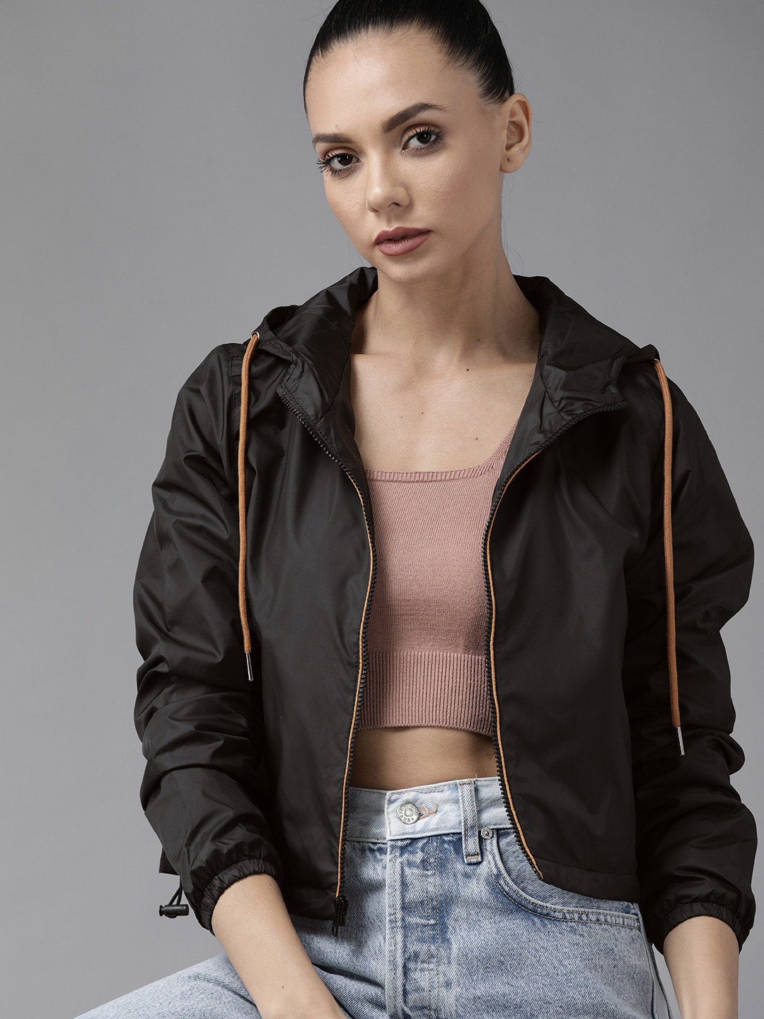 Buy Roadster Women Black Windcheater Hooded Tailored Jacket - Jackets ...