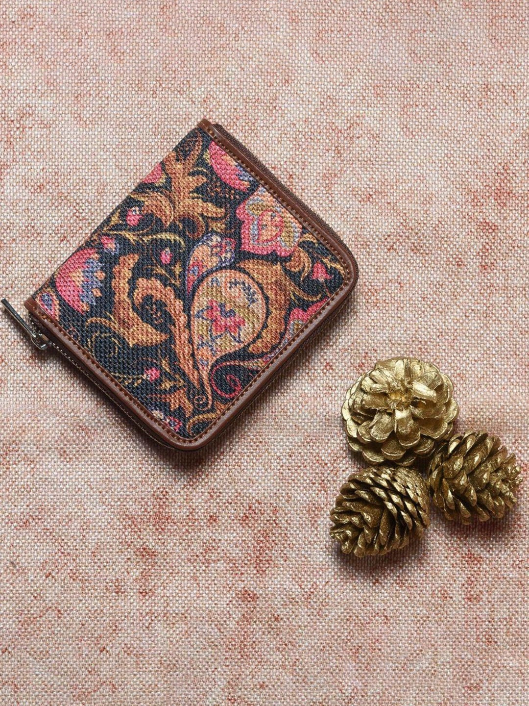 Buy ZOUK Women Navy Blue & Pink Printed Zip Around Vegan Leather ...