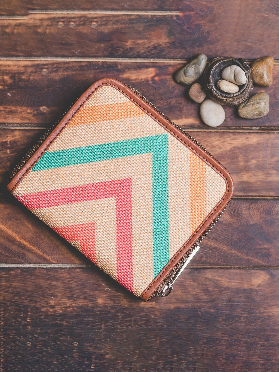 Buy ZOUK Women Beige & Blue Printed Vegan Leather Zip Around Mini ...