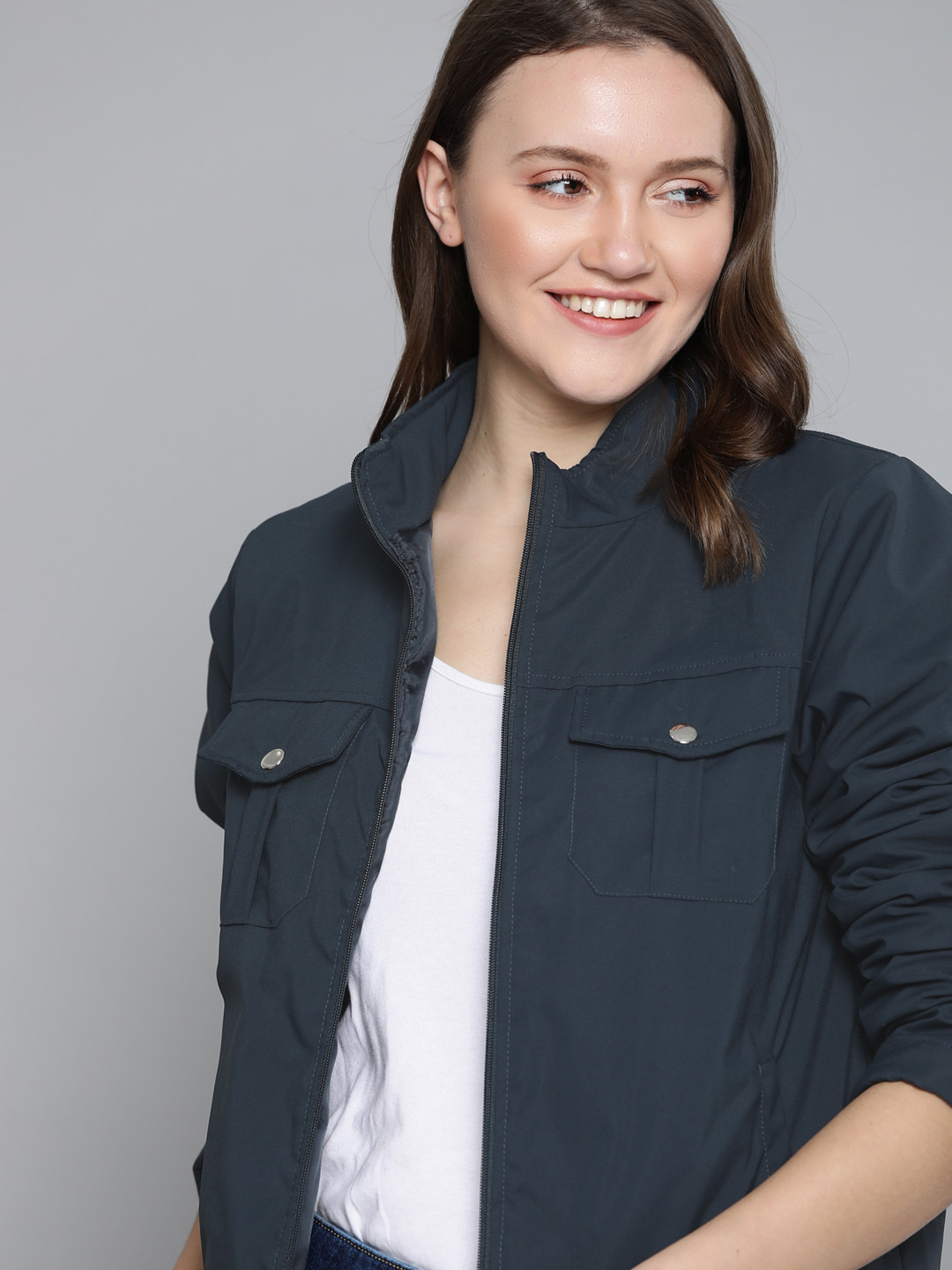 Buy Mast & Harbour Women Navy Blue Solid Padded Jacket - Jackets for ...