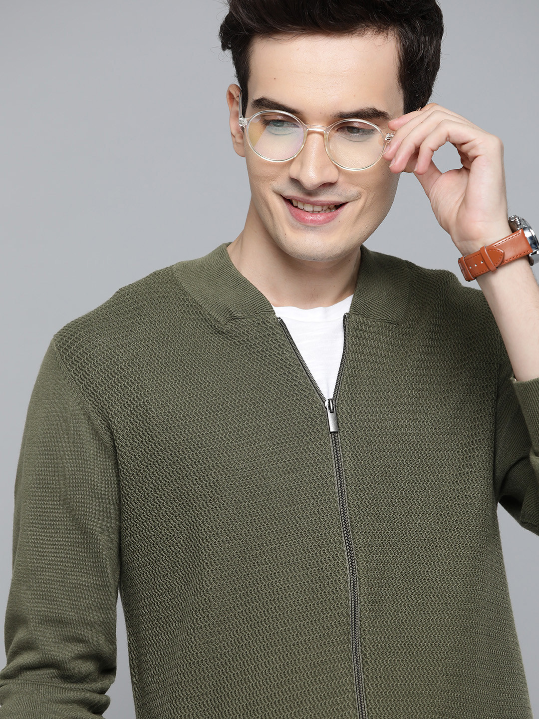 Buy Mast & Harbour Men Olive Green Pure Cotton Self Design Cardigan ...
