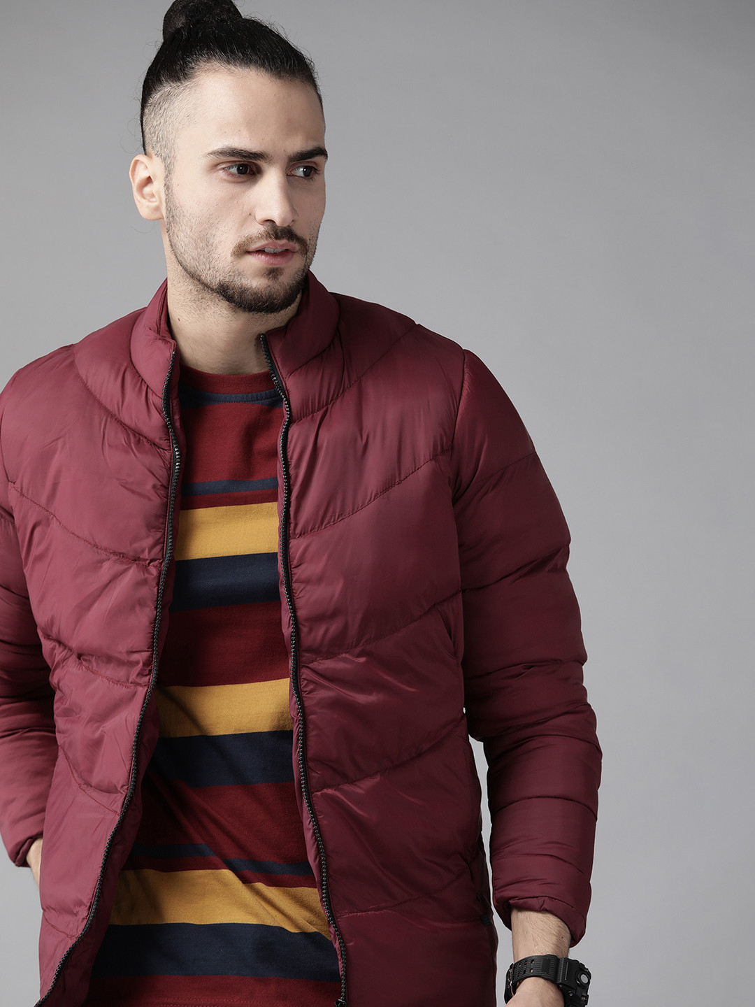 Buy Roadster Men Magenta Solid Padded Jacket - Jackets for Men 14373510 ...