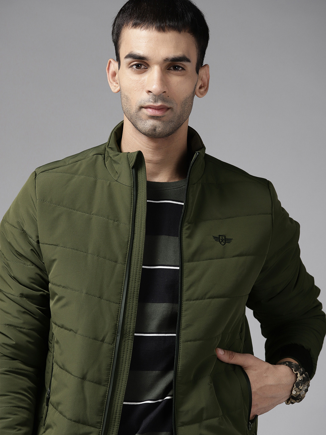 Buy Roadster Men Olive Green Solid Bomber Jacket - Jackets for Men ...