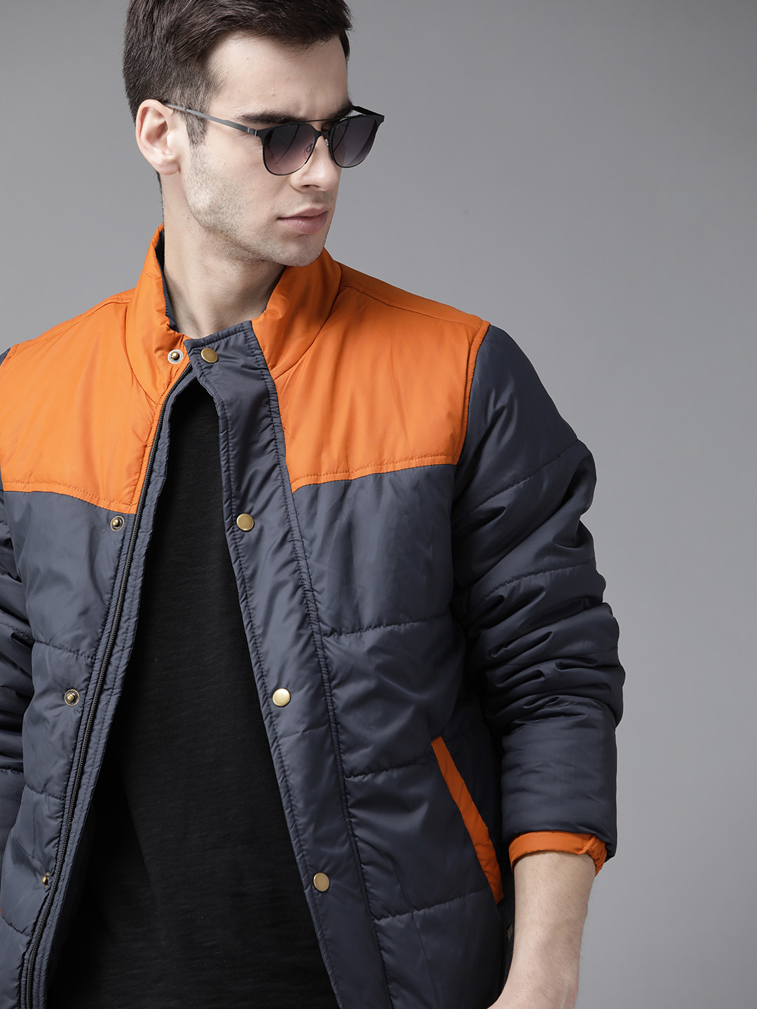 Buy Roadster Men Navy Blue & Orange Colourblocked Padded Jacket ...