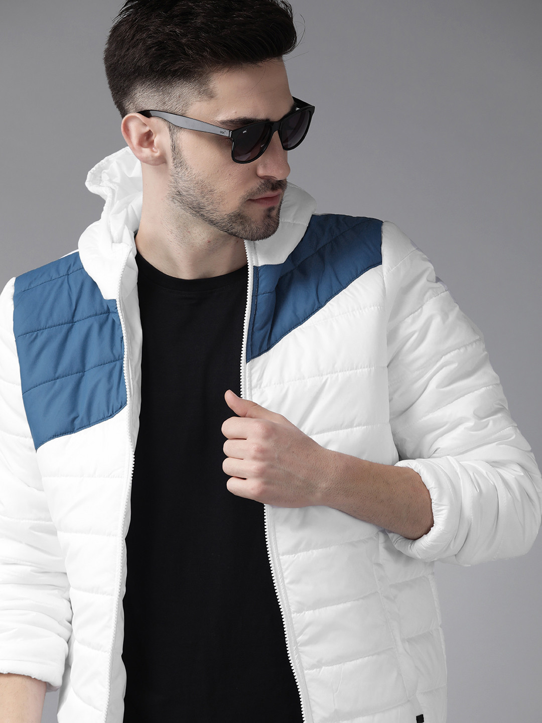Buy Roadster Men White & Blue Colourblocked Hooded Padded Jacket ...
