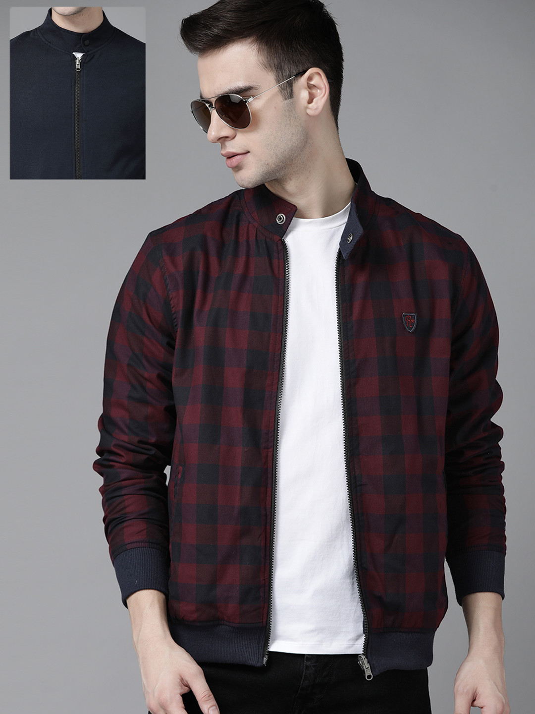 Buy Roadster Men Red & Navy Blue Checked Reversible Tailored Jacket ...