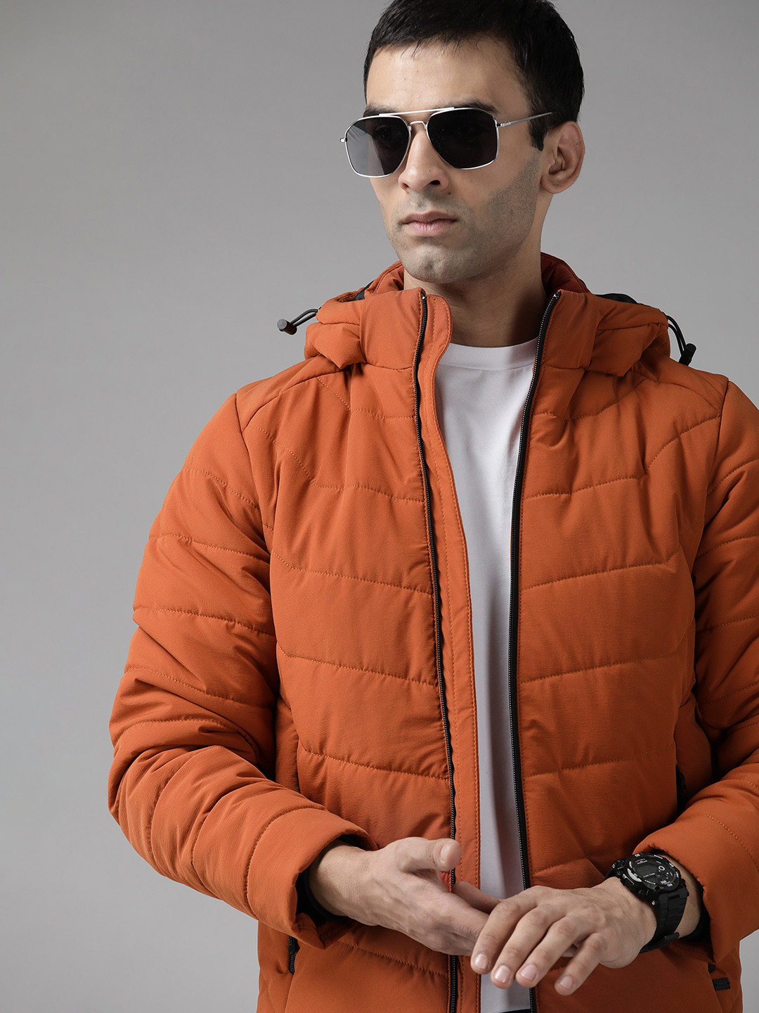 Buy Roadster Men Rust Orange Solid Padded Jacket With Detachable Hood ...