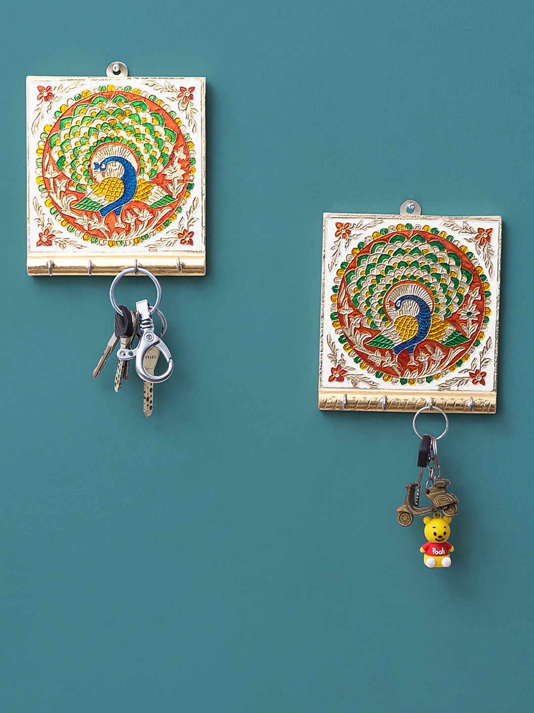 Buy Golden Peacock Set Of 2 Cream Coloured & Green Key Holders - Key ...
