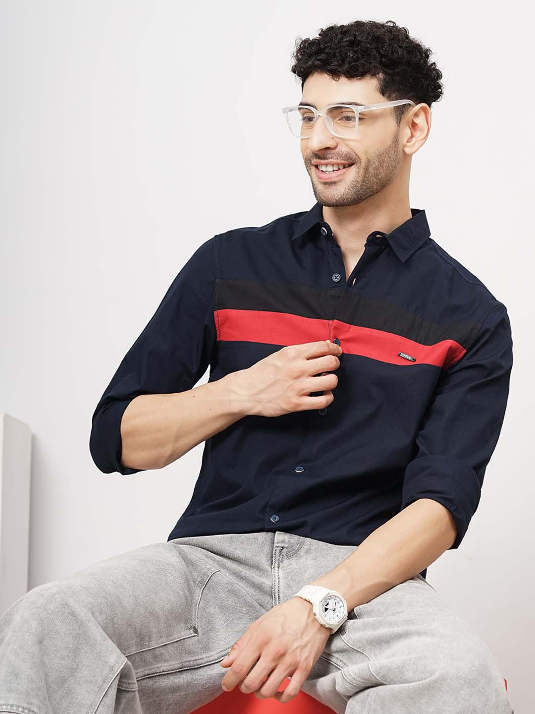 Buy The Indian Garage Co Men Navy Blue Slim Fit Striped Casual Shirt ...