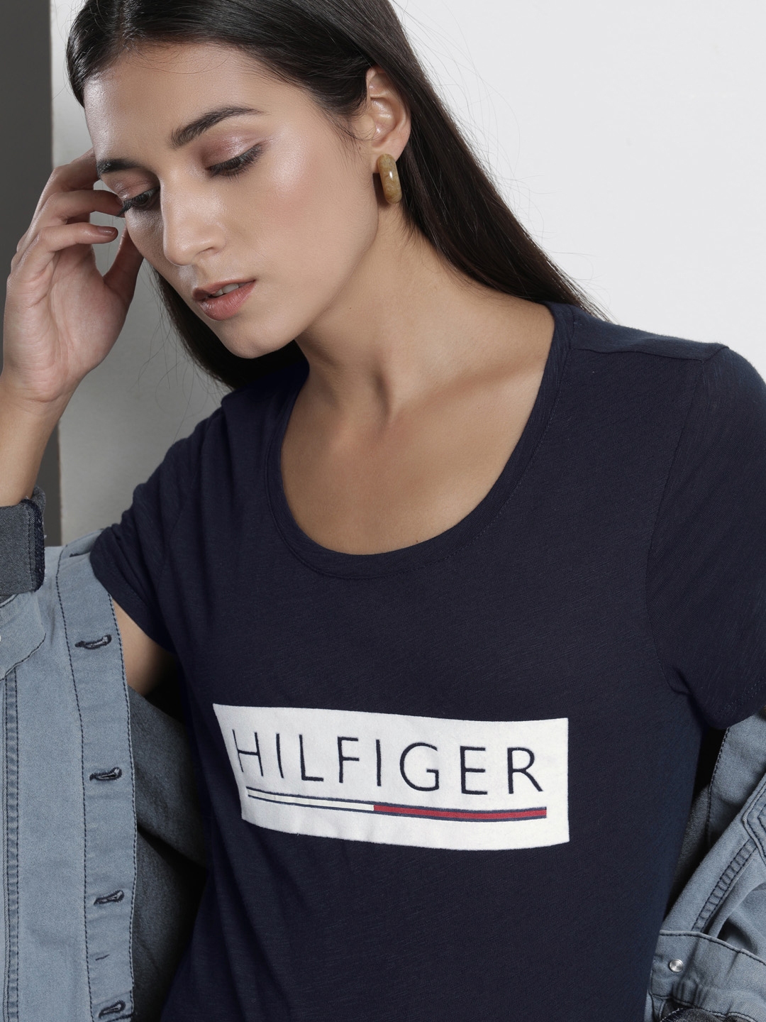 Buy Tommy Hilfiger Women Navy Blue Brand Logo Printed Pure Cotton T
