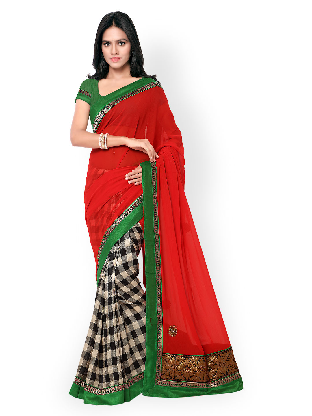 Buy Urban Attire Red & Black Checked Chiffon Saree - Sarees for Women ...