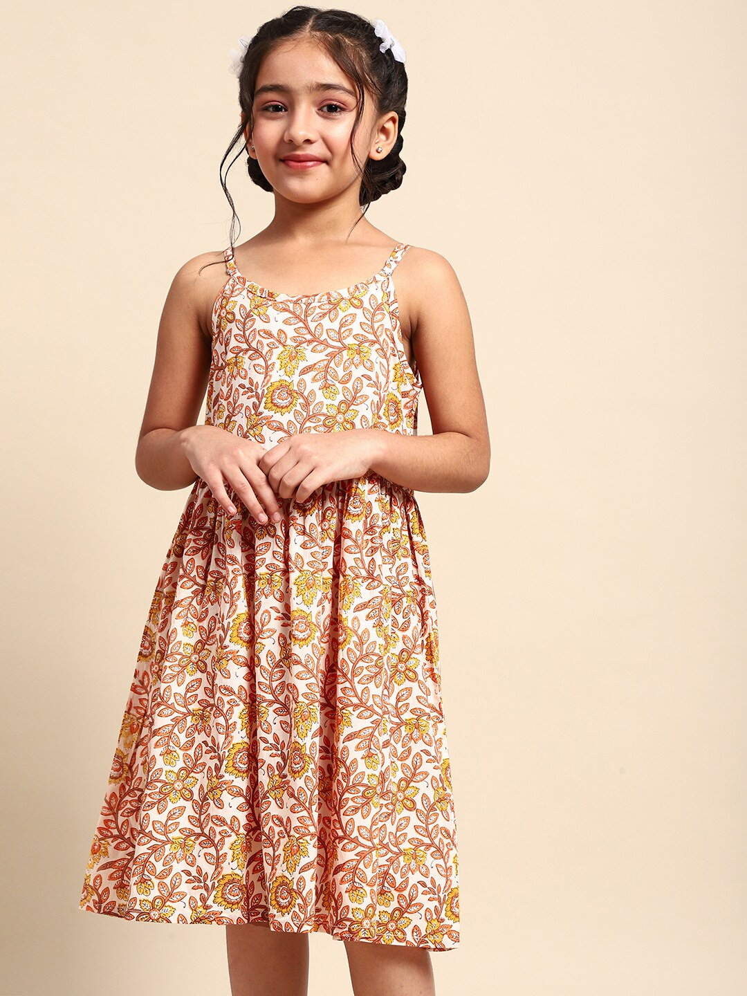 Buy House Of Pataudi Girls White & Yellow Floral Print Pure Cotton ...