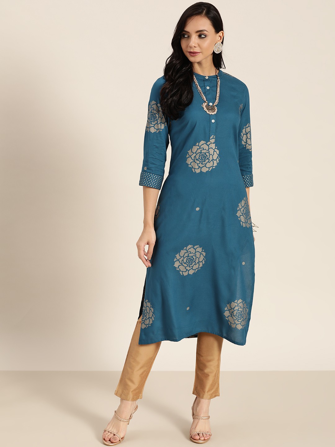 Buy Sangria Women Teal Blue And Golden Ethnic Motifs Printed Straight
