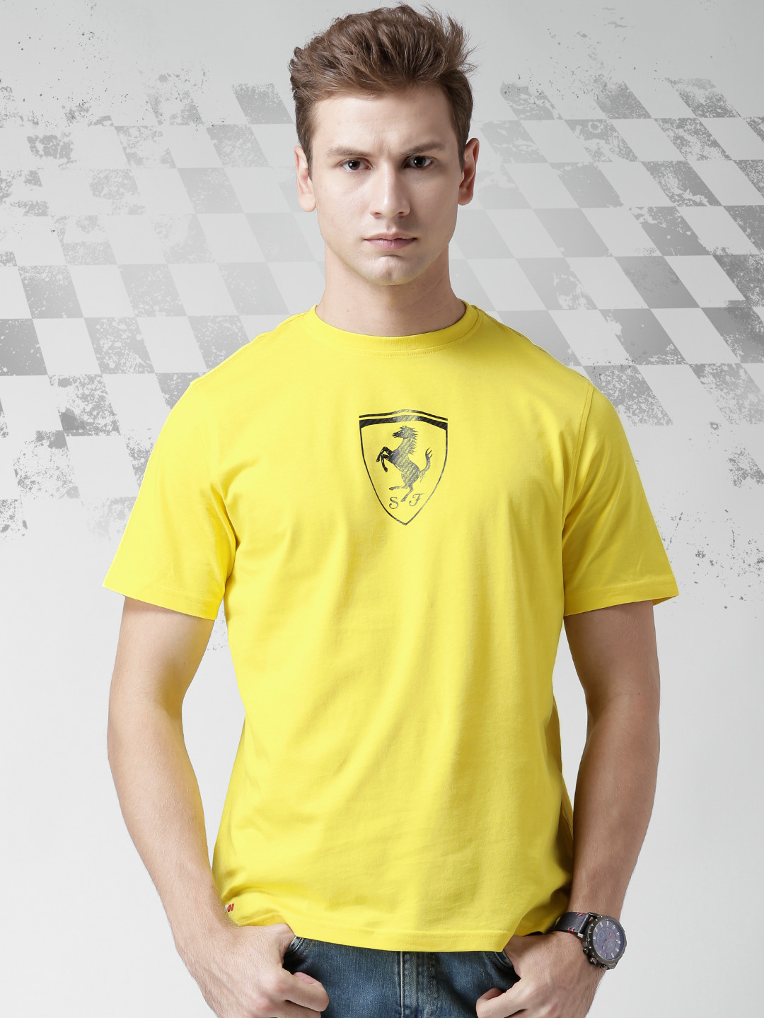 Buy Ferrari Scuderia Yellow Scudetto Carbon Fibre Print Pure Cotton T ...