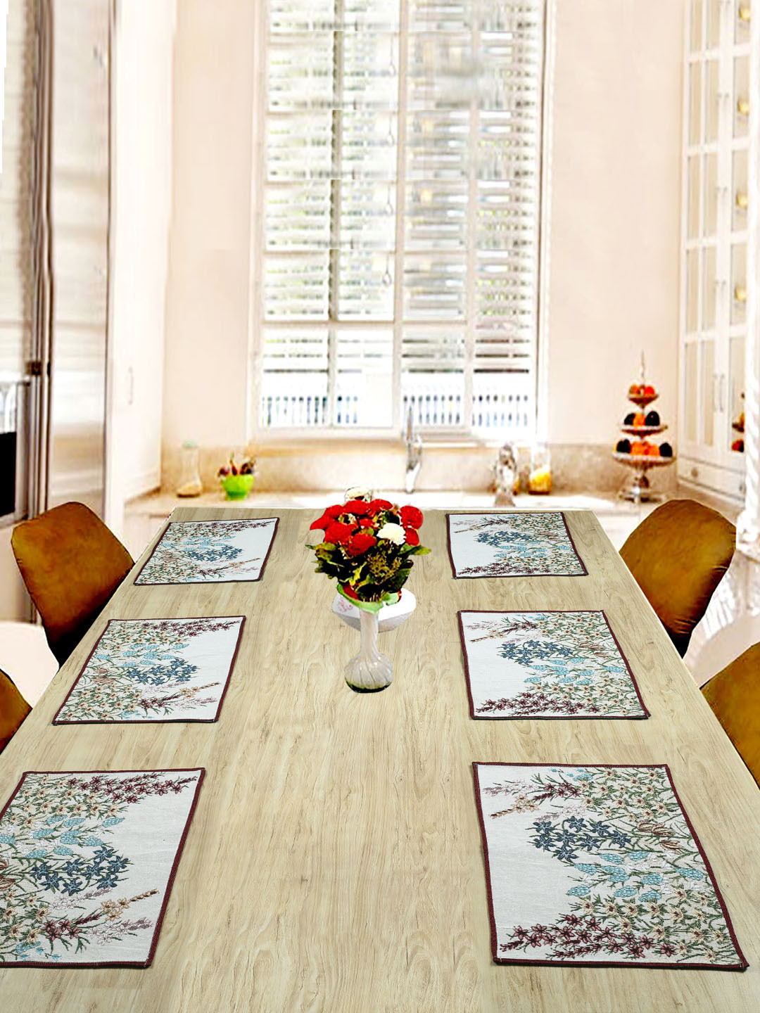 Buy BELLA TRUE Set Of 6 White & Blue Floral Printed Jacquard Table ...
