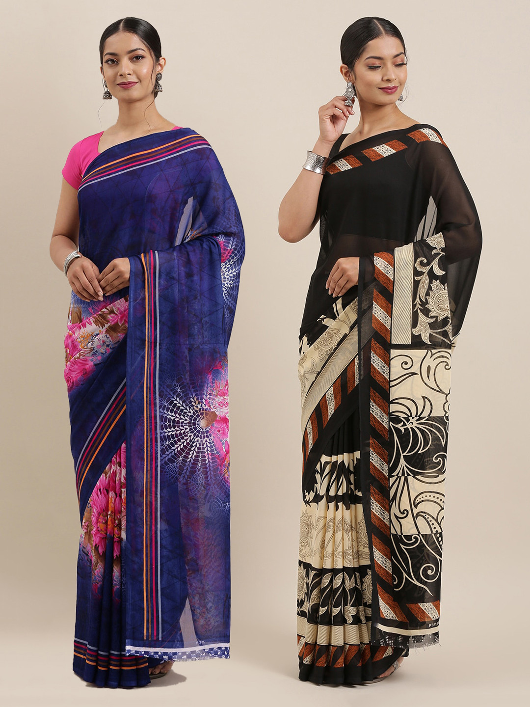 Buy ANAND SAREES Pack Of 2 Poly Georgette Floral Printed Sarees ...