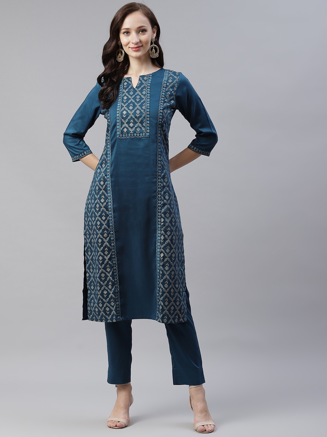 Buy Ziyaa Women Teal Blue And Golden Ethnic Motifs Foil Printed Panelled