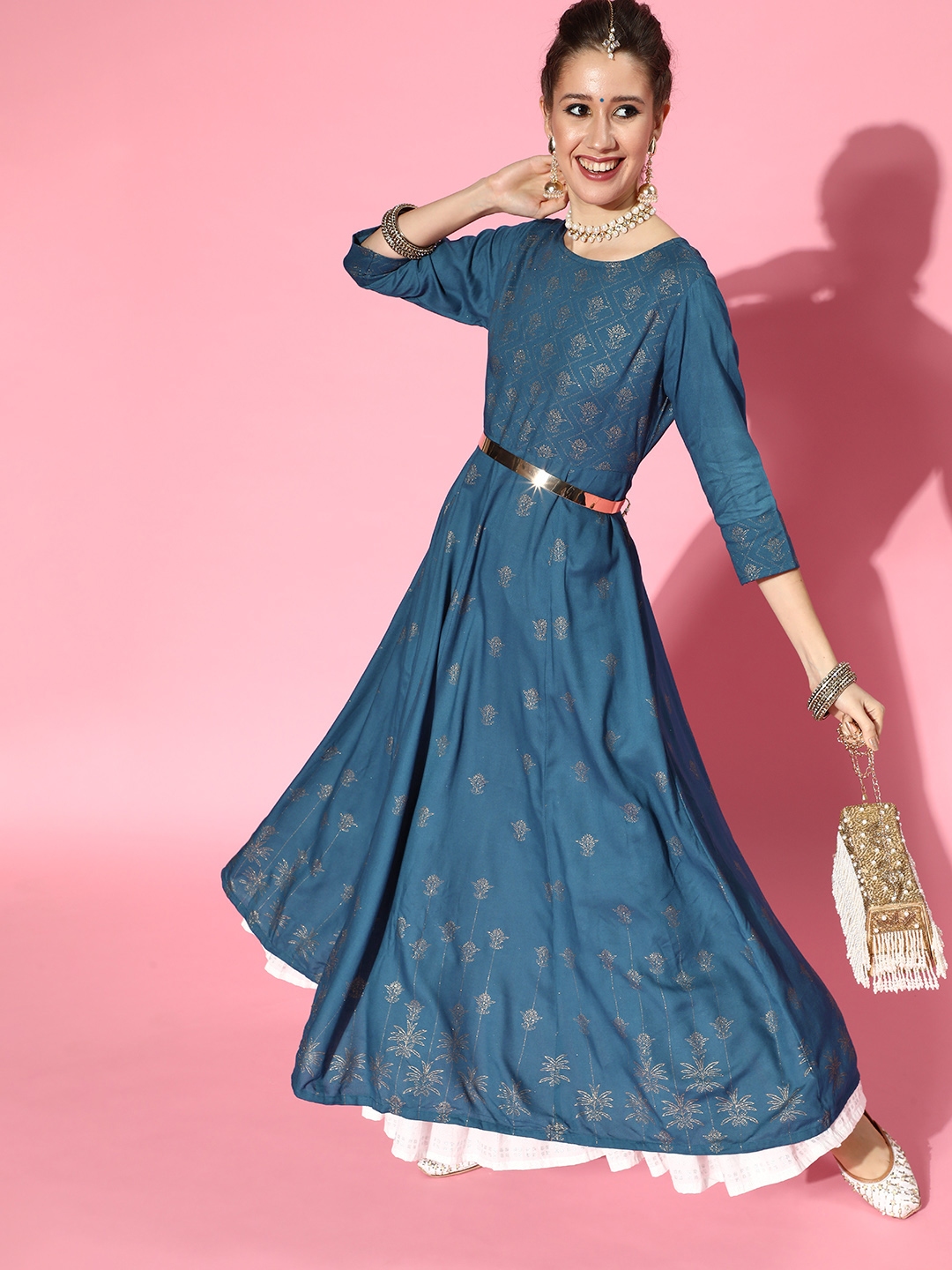 Buy Hereandnow Women Teal Blue And Golden Ethnic Motifs Printed Anarkali