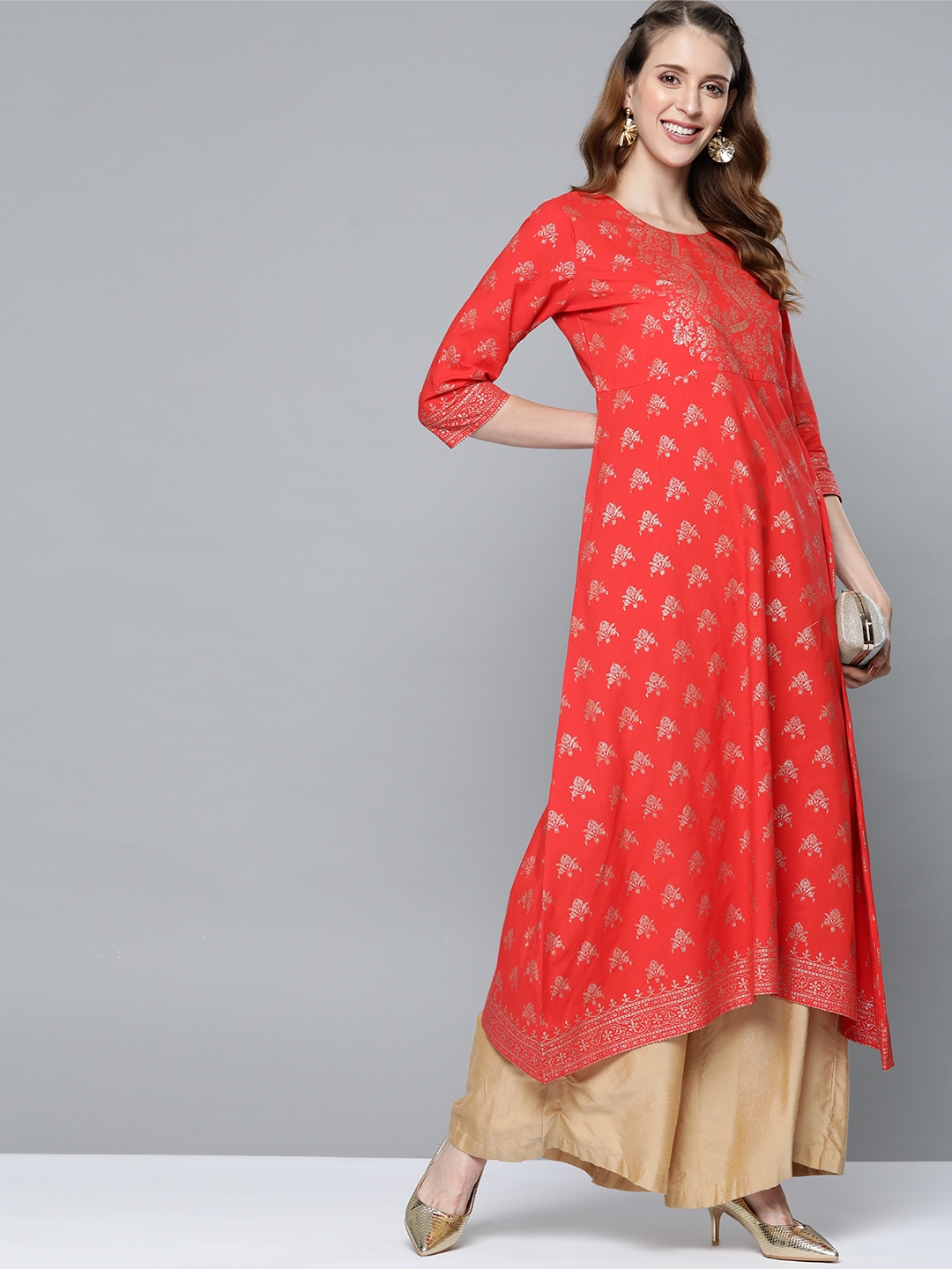 Buy Hereandnow Women Red And Golden Ethnic Motifs Printed Anarkali Kurta