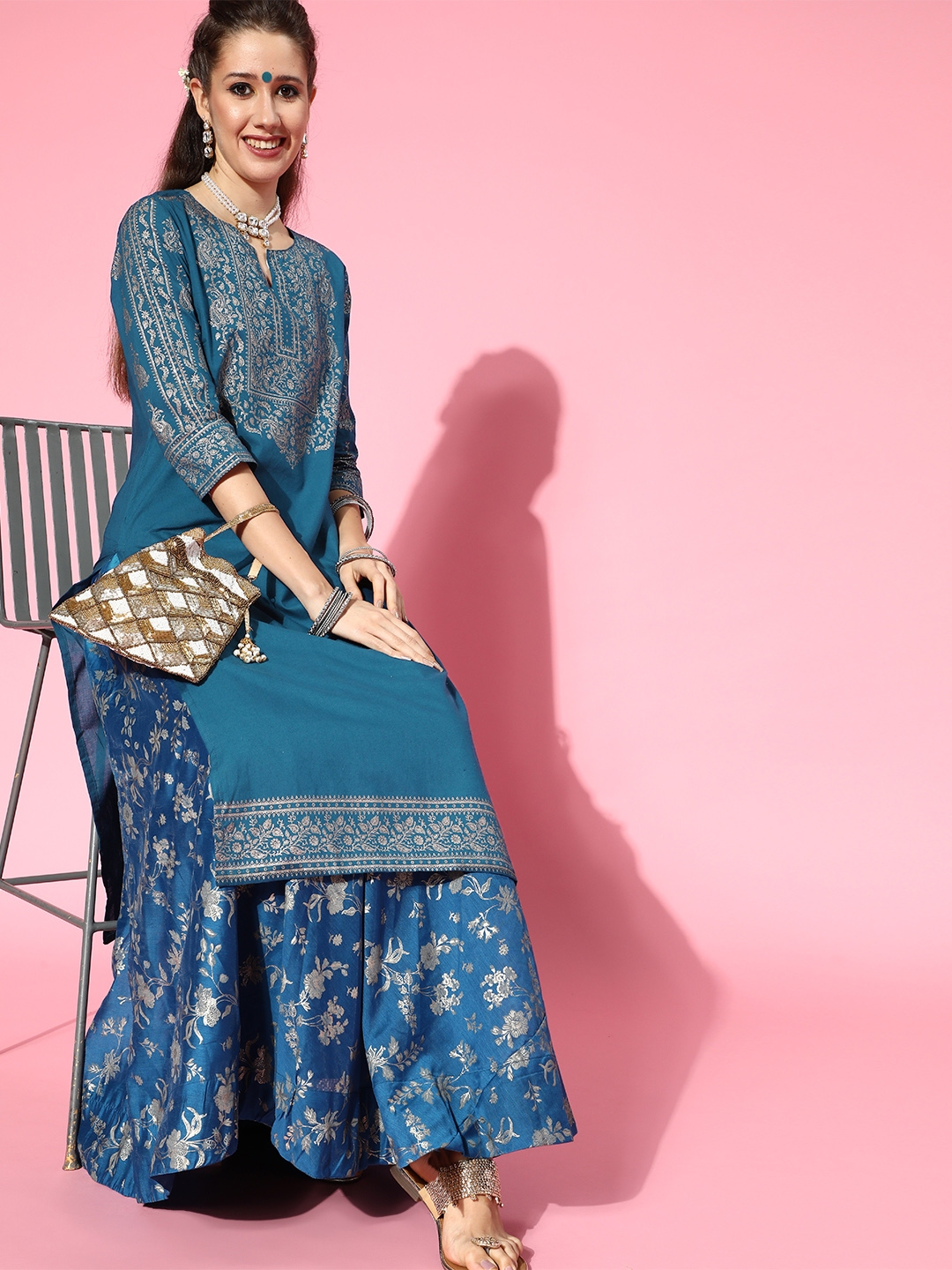 Buy Hereandnow Women Teal Blue And Golden Ethnic Motifs Printed Cotton