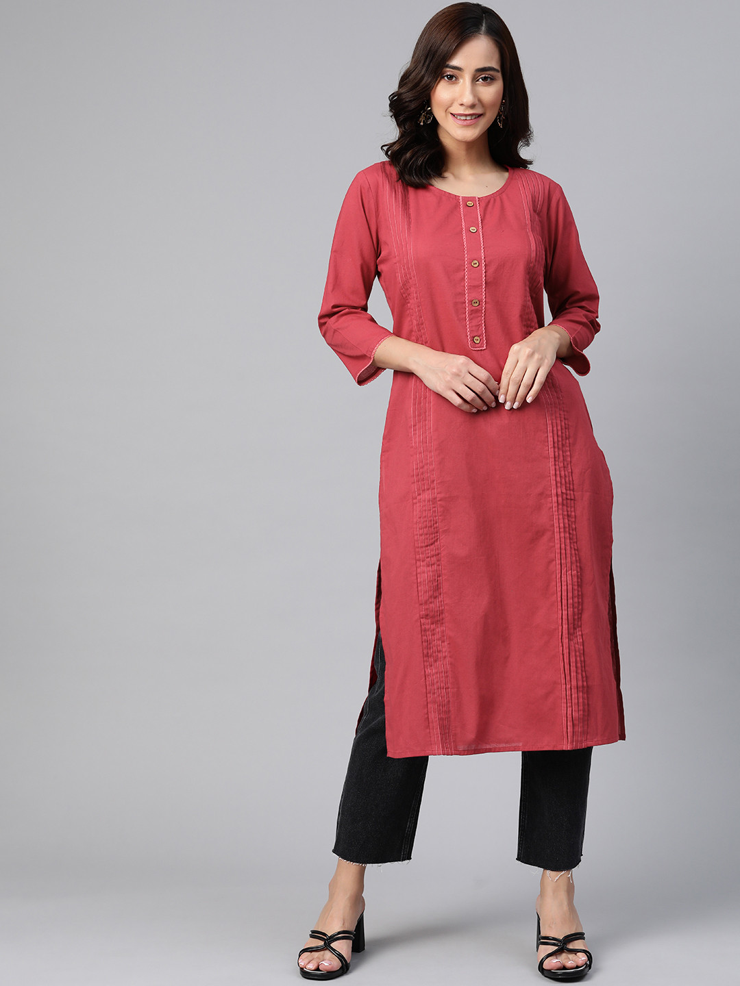 Buy HERE&NOW Women Red Solid Straight Kurta With Pintuck - Kurtas for ...