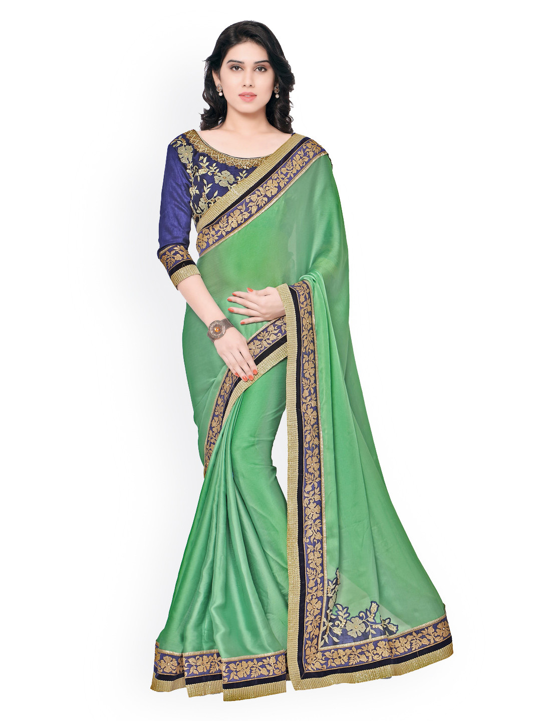Buy Indian Women Green Satin & Chiffon Saree - Sarees for Women 1444372 ...