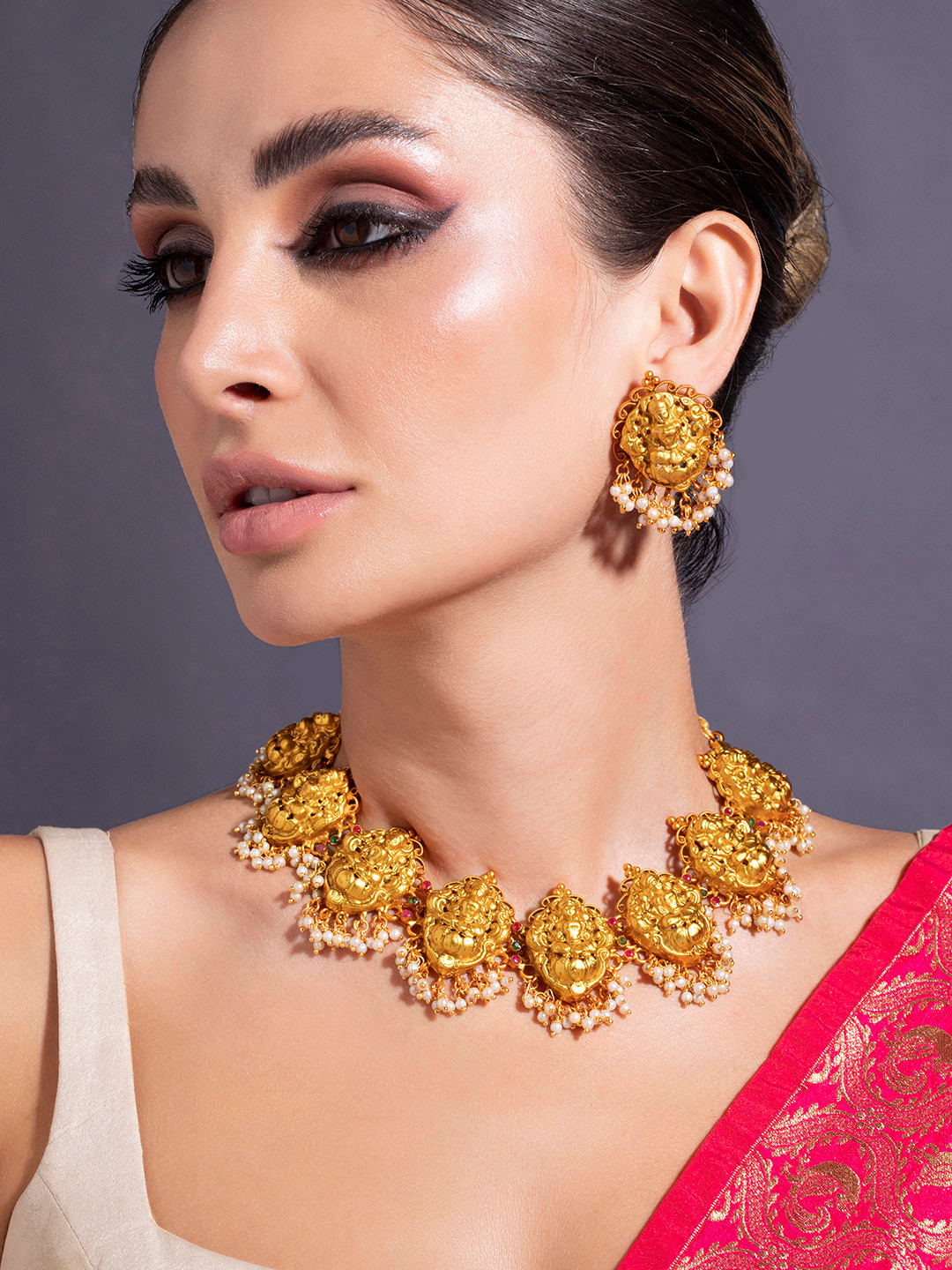 Buy Rubans Gold Plated & White Stone Studded Handcrafted Temple ...