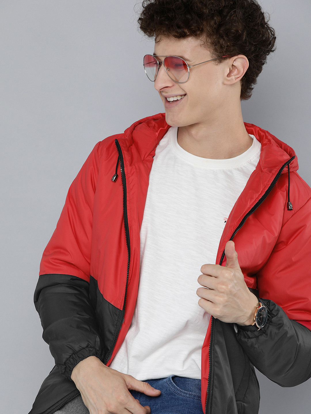 Buy HERE&NOW Men Red & Black Colourblocked Sporty Jacket - Jackets for ...