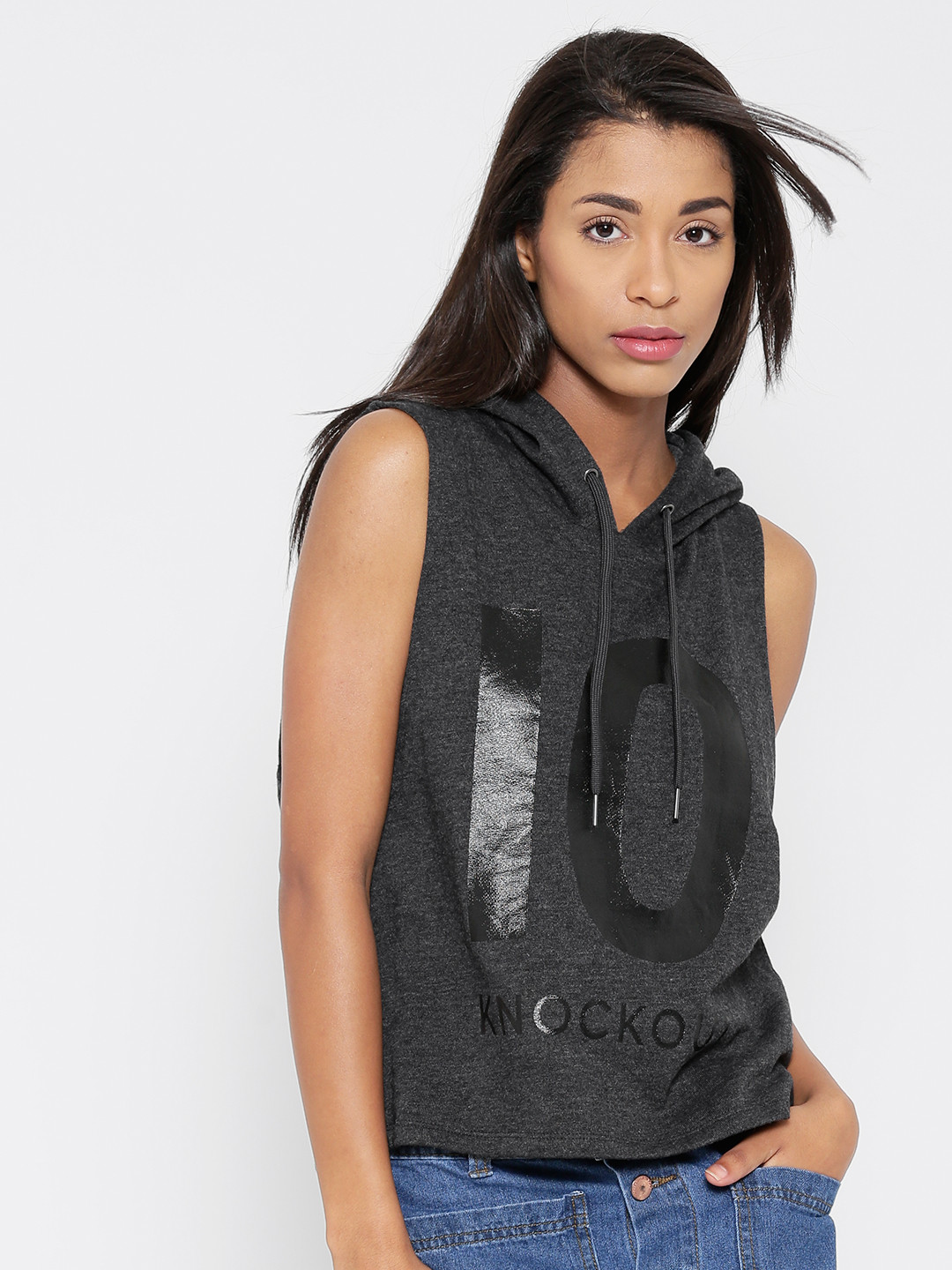 Buy FOREVER 21 Charcoal Grey Printed Hooded Sweatshirt - Sweatshirts ...